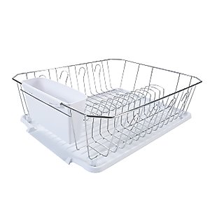 Kitchen Details 3 Piece Dish Rack | Drying Rack, Cutlery Basket & Drainboard Tray | Countertop | Self Draining | Open Wire Design | Chrome | White