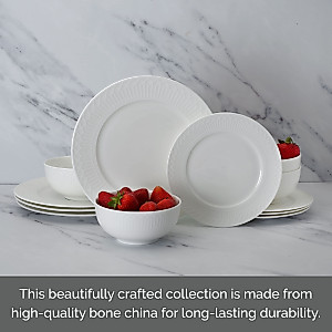Mikasa Finn Bone China Lightweight Chip Resistant 12 Piece Dinnerware Set, Service for 4, White