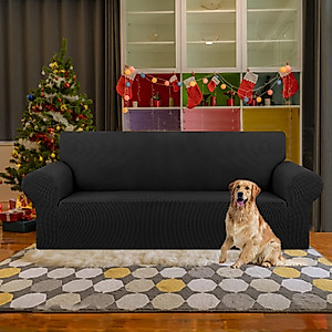 KEKUOU Stretch Sofa Cover Slipcover ，Couch Covers for 3 Cushion Couch Sofa pet Friendly (79"-94") Furniture Protector Sofa with Elastic Bottom for Kids,Dog, Jacquard Small Checked(Large,Black)
