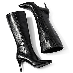 Modatope Boots for Women Knee High Crocodile Black Tall Boots for Women High Heels Side Zipper Fall Boots Pointed Toe Long Boots Women Size 7