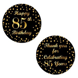 85th Birthday Round 2 Inch Big Glossy Stickers, Thank You for Celebrating 85 Years Black and Gold Labels, Great for Party Favors, Decorations, Tags, Gift Bags and Supplies. Made in USA