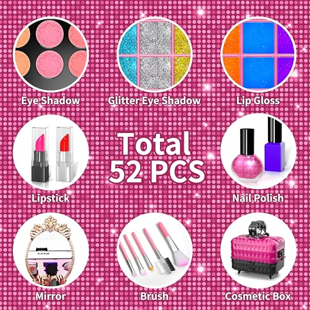 Kids Makeup Kit for Girl, 52 Pcs Pretend Makeup for Toddlers Kids, Washable Non Toxic Make Up for Girls, Pretend Play Toy Makeup Set Birthday for Little Girls Age 3 4 5 6 7 8 Years Old