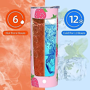 Tangopi Pink Strawberry Pattern 20 oz Tumbler with Lid and Straw Insulated Travel Coffee Mug Reusable Spill Proof Coffee Cups Stainless Steel Water Bottle for Hot and Cold Drinks