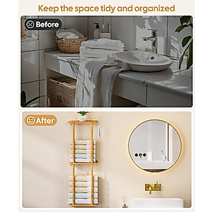 Cozivolife Towel Rack Bamboo for Bathroom, 3 Tier 32.7 inch with 2 Hooks and Shelf Wall Mounted Towel Storage Organizer Shelf, Large Capacity Towel Holder (Natural)