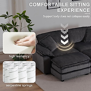 Corduroy Modular Sectional Couch, 84“ Width Oversize Loveseat Sofa, Comfy Plush Cloud Couch Lounge Chair with Ottomans and 2 Pillows for Small Spaces, Living Room, Bedroom, Office (Grey)