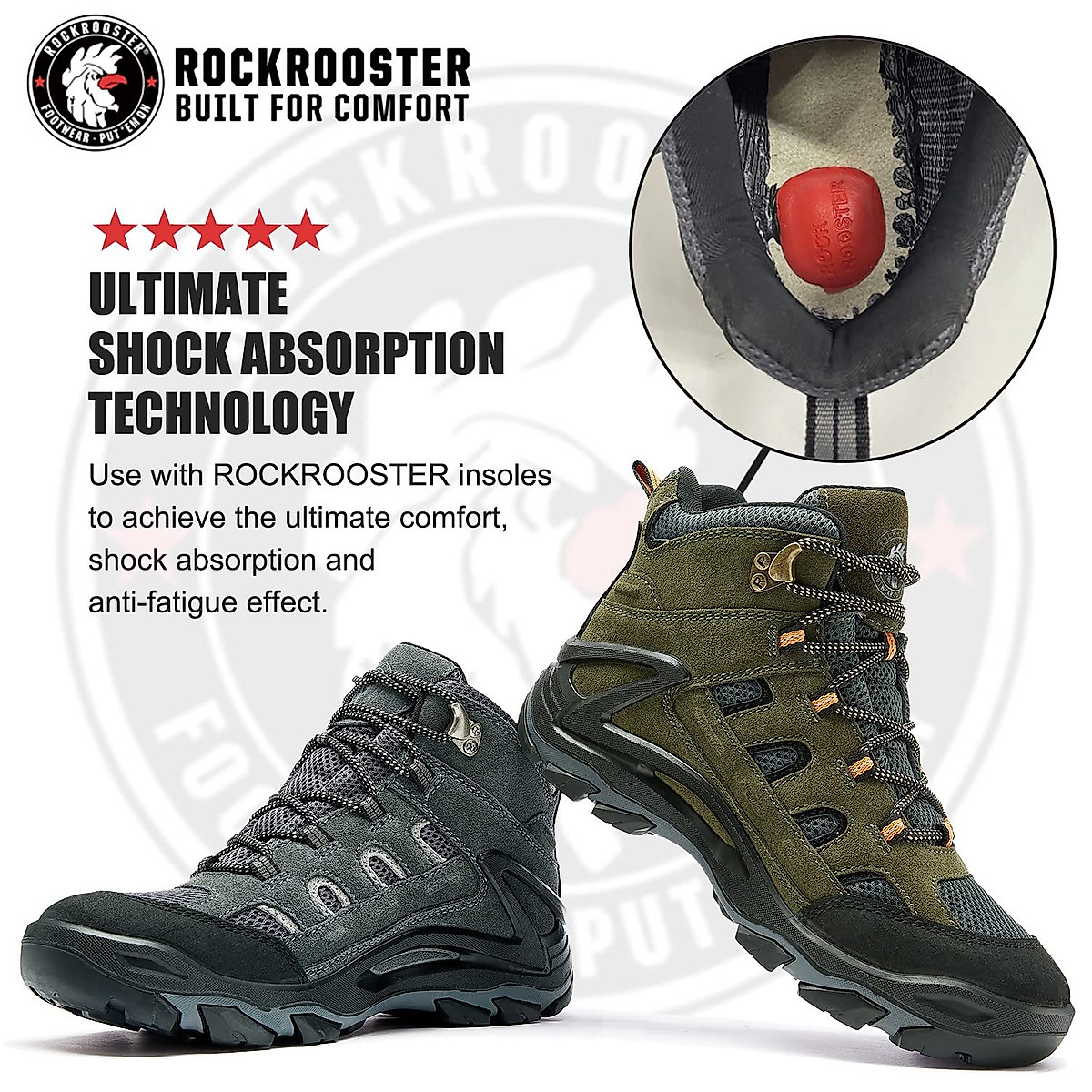 ROCKROOSTER Newland Mens Hiking Boots, 6'' Waterproof Suede Leather Trekking Boots, Non-Slip Ankle Support Outdoor Boots, Anti-Fatigue, Comfortable, Shock Absorption(KS5536 US 8)