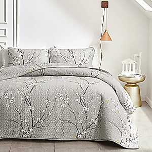 UOZZI BEDDING California King Reversible Quilt Set Oversized 102x114 Gray Branch Floral Soft Microfiber Lightweight Coverlet Bedspread Summer Comforter Set Bed Cover for All Season (1 Quilt+ 2 Shams)
