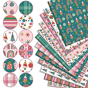 Whaline 12Pcs Christmas Cotton Fabric Bundles Xmas Tree Snowflake Gift Box Fat Quarters Pink Green Checkered Printed Sewing Fabrics for DIY Handmade Crafting, 18 x 22 Inch