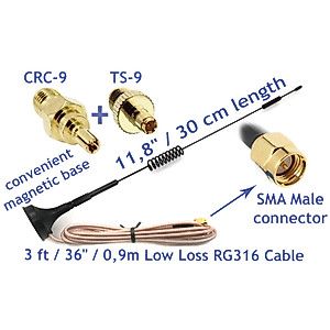 Universal Kit of 3G 4G LTE Dipole Antenna Wide Band 7dBi 698-2700Mhz Omni Directional GSM on Magnetic Base RG316 3ft/0.9m Low Loss Cable with SMA Female to TS-9 and CRC9 for any Devices as Verizon