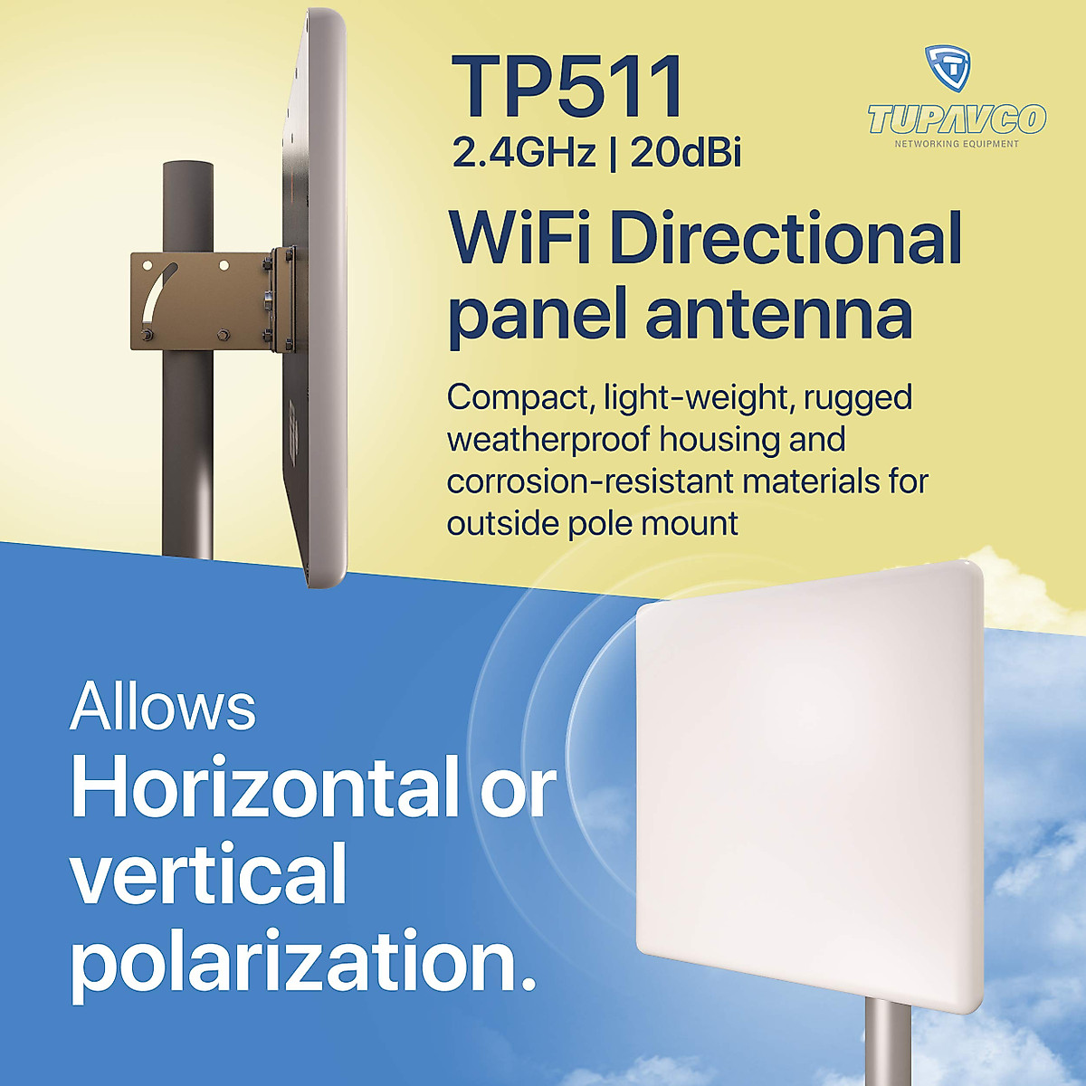 Tupavco TP511 WiFi Panel Antenna 2.4GHz (20dBi) Outdoor Directional (2400-2483 MHz) Wireless Network Signal (Pole Mast Mount) Weatherproof High-Gain Long Distance Range (N-Female Connector)