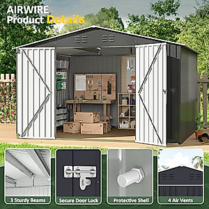AirWire 10x8 FT Metal Storage Shed, Large Outdoor Shed with Updated Frame Structure, Garden Tool Sheds for Backyard Patio Lawn, Grey