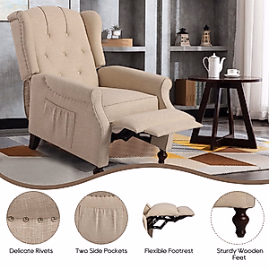 Consofa Wingback Recliner Chair with Massage and Heat Tufted Fabric Push Back Arm Chair for Living Room Vintage Recliner Chair with Remote Control, Padded Cushion, Backrest, Wooden Legs