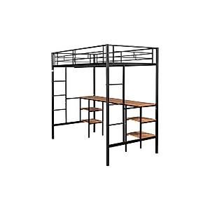 Metal Twin Loft Desk & Shelves/Metal Twin Loft Bed with Desk and Storage Shelves, Space-Saving Bed Frame with 2 Side Ladders and Safety Guard Rails for Kids Teens Adults,No Box Spring Needed