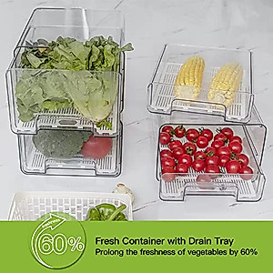 elabo Large Capacity Fruit Vegetable Storage Containers, Refrigerator Organizer Bins with Pull-out Drawer, Multifunctional Fridge Drawer Organizer, BPA-Free, Clear, with Removable Drain Tray