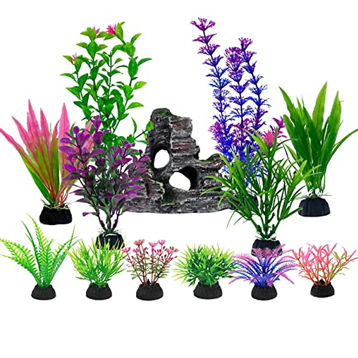 AWXZOM 13pcs Fish Tank Decorations, Aquarium Artificial Plastic Plants and Cave Rock Decor Set, Small to Large Aquarium Plants, Betta Fish Tank Accessories Aquarium Plants (style1)