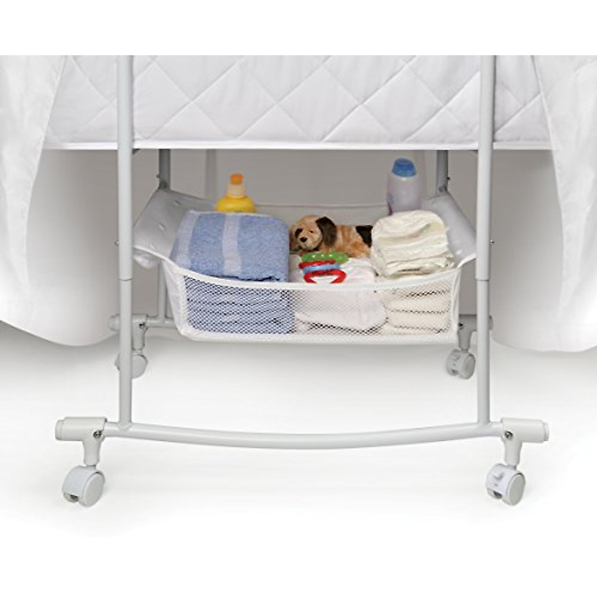 Badger Basket Wishes Rocking Baby Bassinet Heirloom Quality Bedside Sleeper with Bedding, Pad, and Storage Basket - White