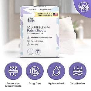 LivaClean 20CT Large Hydrocolloid Acne Patches - For Pore Spots Nose Face Cystic Pimple Zit Patch - Big Pimple Patches Hydrocolloid Bandages Strips Stickers Acne Patch XL Large