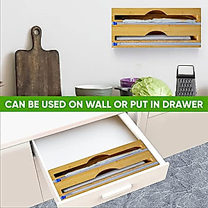 PLANET KITCHEN Extra Wide Foil and Plastic Wrap Organizer and Dispenser with Cutter - Ideal for Aluminum Tin Foil, Parchment Roll, Wax Paper, Saran Wrap, Cling Film - 16.5” x 6” - 2 Tier