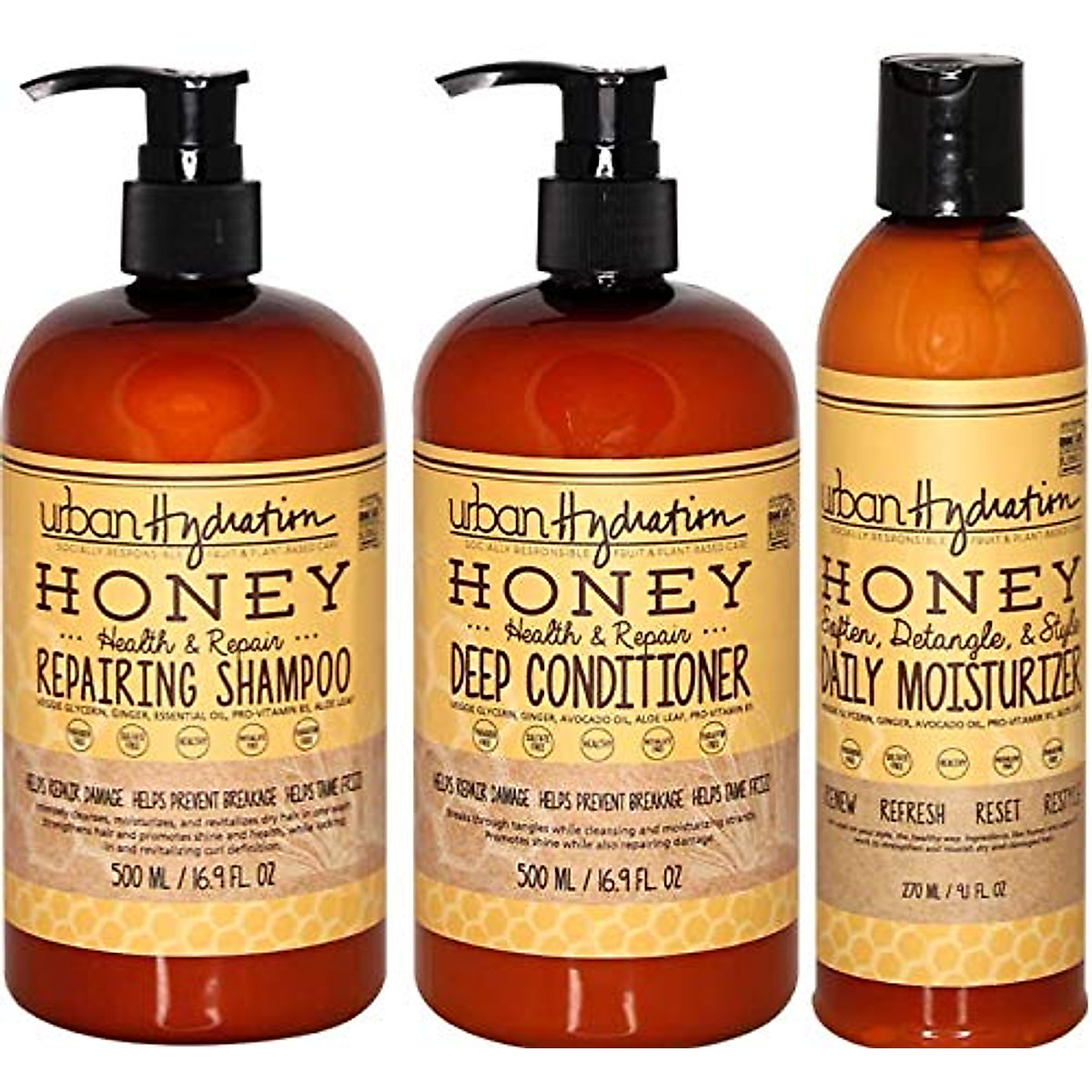 Urban Hydration Honey Health and Repair Shampoo, Conditioner and Moisturizer Set | Sulfate, Paraben and Dye Free, Cleanses, Hydrates, Tames Frizz and Repairs For Healthy and Shiny Hair, All Hair Types