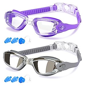 COOLOO Swim Goggles Men, 2 Pack Swimming Goggles for Women Kids Adult Anti-Fog, Purple & Gray