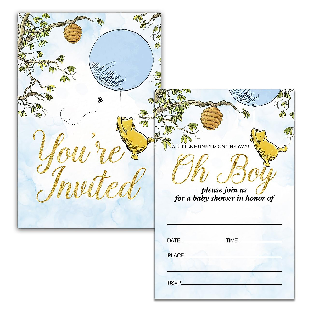 Dolimifa Blue Oh Boy a Little Hunny is on His Way Baby Shower Invitations Fill in Style Classic Winnie the Pooh Bear Baby Shower Invites, 20 Count With Envelopes