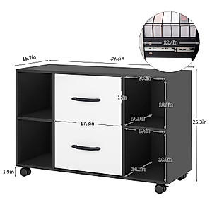 soges 2 Drawer Mobile Lateral File Cabinet, Office Filing Cabinet, Rolling Storage Cabinet, Printer Stand with Open Storage Shelves and Wheels, Black and White, CXWL-FC08BW