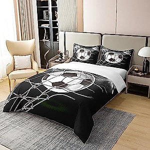 Boys Football Print Cotton Duvet Cover Set Queen Size Sports Theme Beding Set for Kids Teens Bedroom Decor Cool Modern Black White Soccer Design Comforter Cover Ball Game Competition Bedspread Cover