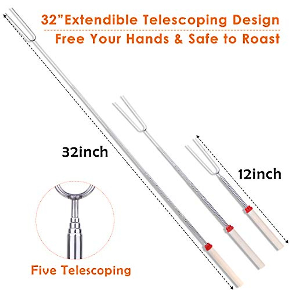 Marshmallow Roasting Sticks, Smores Sticks for Fire Pit with Wooden Handle, Stainless Steel Telescoping Roasting Sticks, 32 Inch Extendable BBQ Forks for Fire Pit, Campfire and Sausage BBQ Set of 8