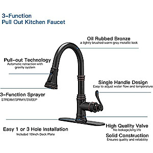 BATHFINESSE Kitchen Faucet, Oil Rubbed Bronze Finish, 360 Degree Swivel, 20-Inch Retractable Hose, Easy to Install, 3-Hole Mount