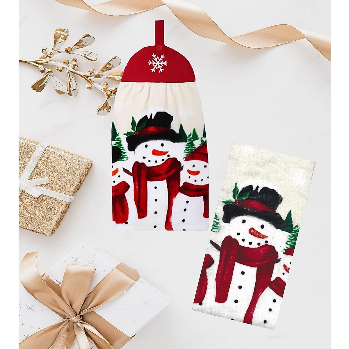 St. Nicholas Square Christmas Kitchen Print Towels, Set of 2, One Hanging Tie-Top with Button Loop Cotton Terry Towel Snowman Family for and Household Red, Black, Beige, Green, Orange 16 x 25 inches