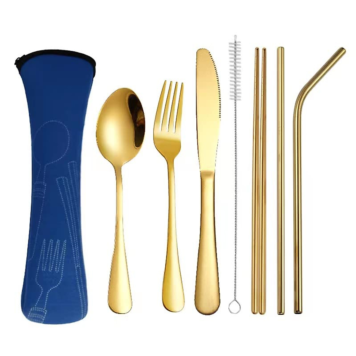 Alikpop Portable Lunch Cutlery Sets-Straw, Straight Straw, Knife, Fork, Spoon, Chopsticks, Cleaning Brush 8 Piece Kpop Merchandise Bangtan Boys Merch Travel Camping Utensils Set (Black)