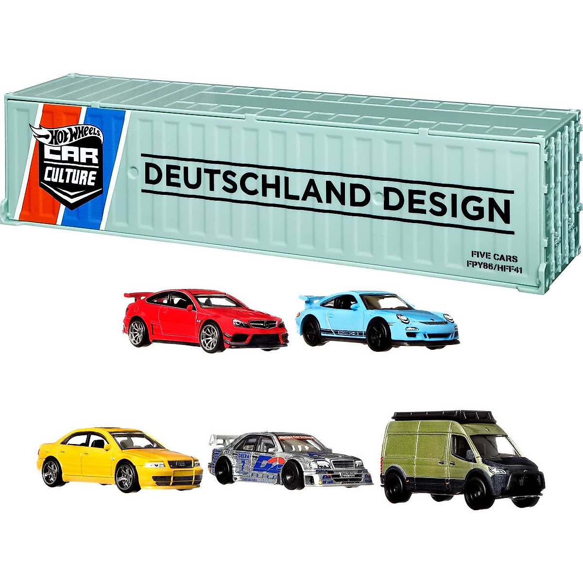 Hot Wheels Premium Car Culture Deutschland Design Container Set, 5-Pack of German 1:64 Scale Vehicles, New & Vintage, for Adult Collectors