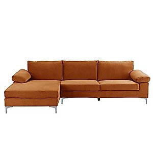 Casa Andrea Milano Modern Sectional Sofa L Shaped Velvet Couch, with Extra Wide Chaise Lounge, Large, Orange