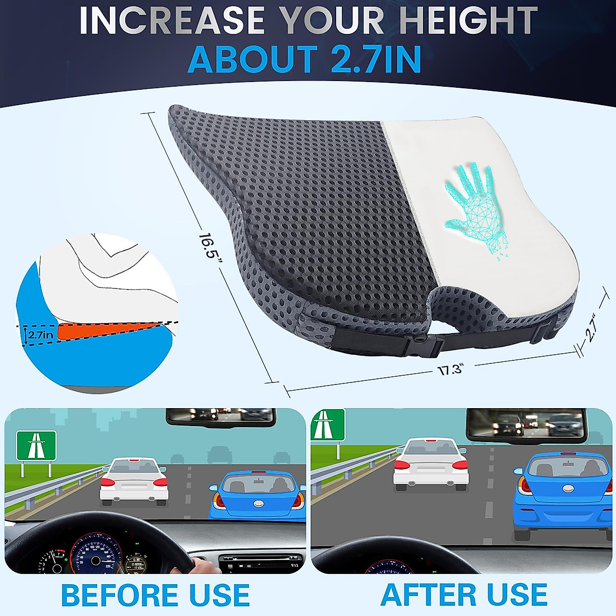 GSPSCN Car Seat Cushion Memory Foam,Heightening Wedge Chair Pad for Short People Driving,Butt Pillow Pad for Coccyx,Tailbone,Lower Back Pain Relief in Car Seat,Office,Computer Desk Chair