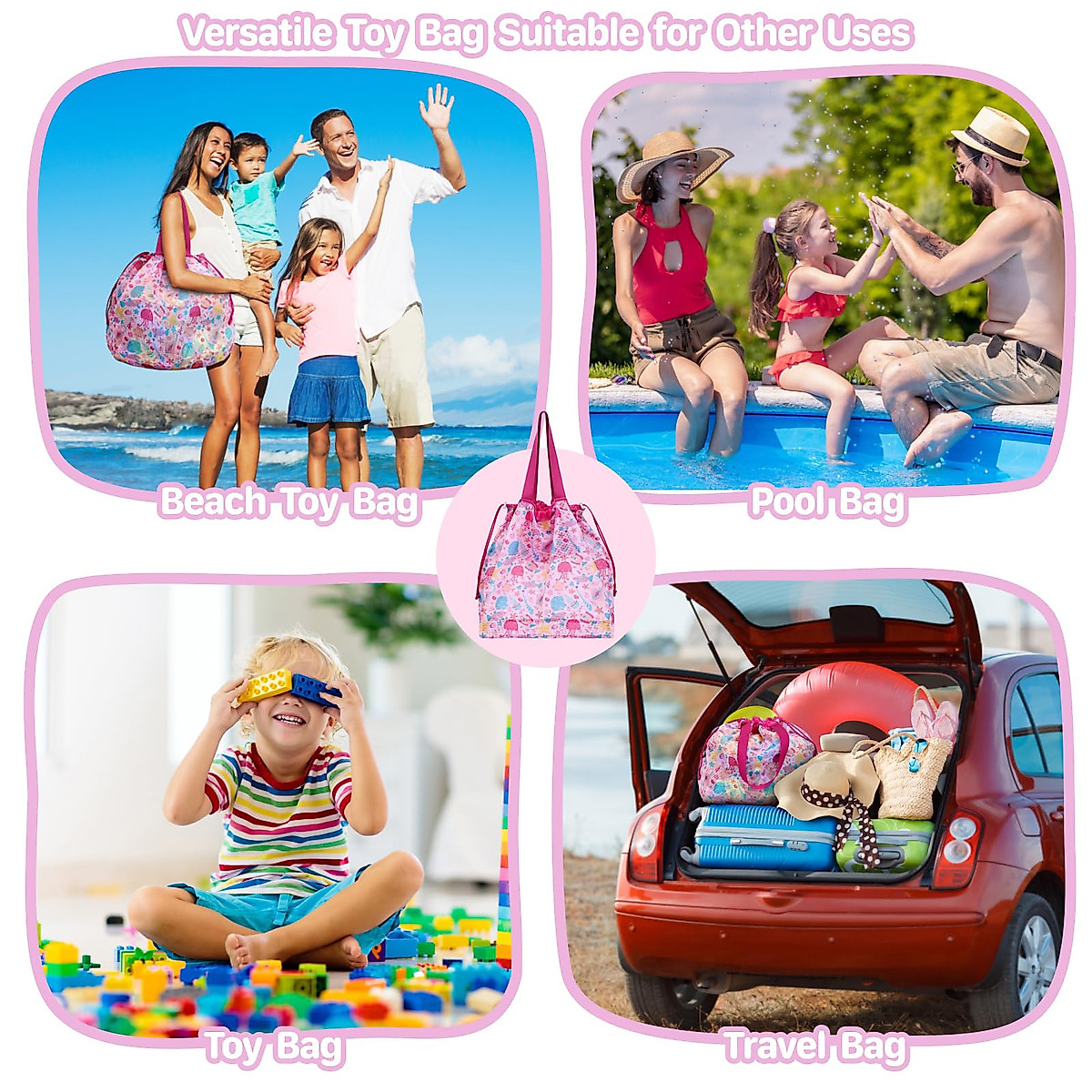 Extra Large Mesh Beach Sand Toy Bag - Mesh Tote Bag for Sand Toy with Drawstring, Lightweight Foldable Sand Toy Bag for Beach Travel Essentials, Seashell Rose Red