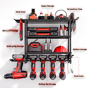 CATCHLUCK Power Tool Organizer Power Tool Storage 6 Drill Holder Wall Mount, Heavy Duty Metal Power Tool Rack 4 Layer 12 Hooks Tool Organizer