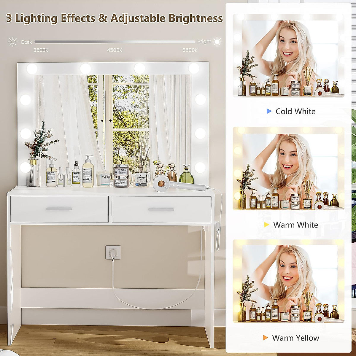 usikey Vanity Desk with Large Lighted Mirror, Makeup Vanity with 10 Lights, 2 Drawers & Power Strip, Vanity Desk Set, Dressing Vanity Tables for Women Girls, Bedroom, White