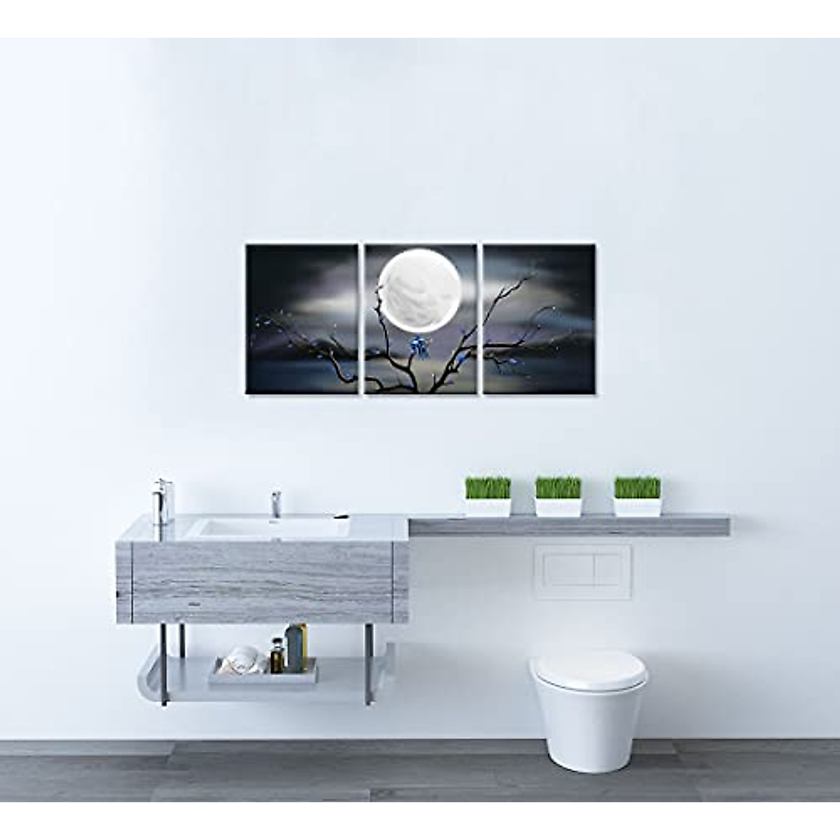 Zlove 3 Pieces Love Birds Tree Branch Canvas Wall Art Full Moon Blue Bird Tree Landscape Picture Print for Modern Home Bedroom Decor Stretched and Framed Ready to Hang 12x16inchx3pcs