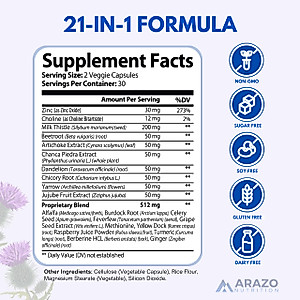 Arazo Nutrition Liver Cleanse Detox & Repair Formula – Milk Thistle Herbal Support Supplement: Silymarin, Beet, Artichoke, Dandelion, Chicory Root