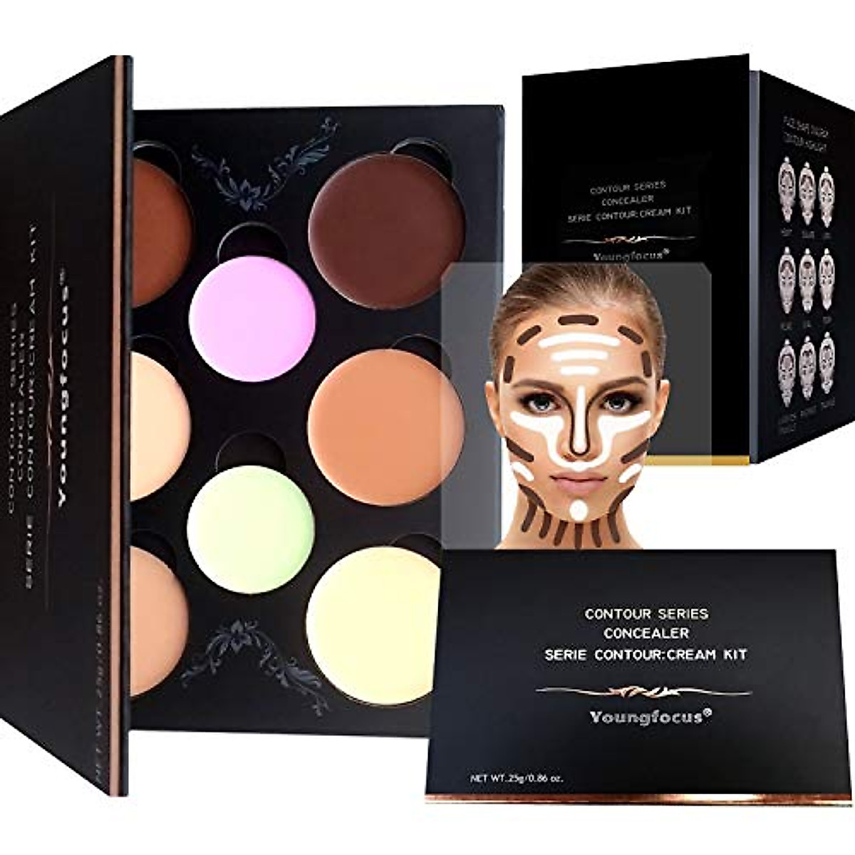 Youngfocus Cosmetics Cream Contour Best 8 Colors and Highlighting Makeup Kit - Contouring Foundation/Concealer Palette - Vegan & Cruelty Free - Step-by-Step Instructions Included