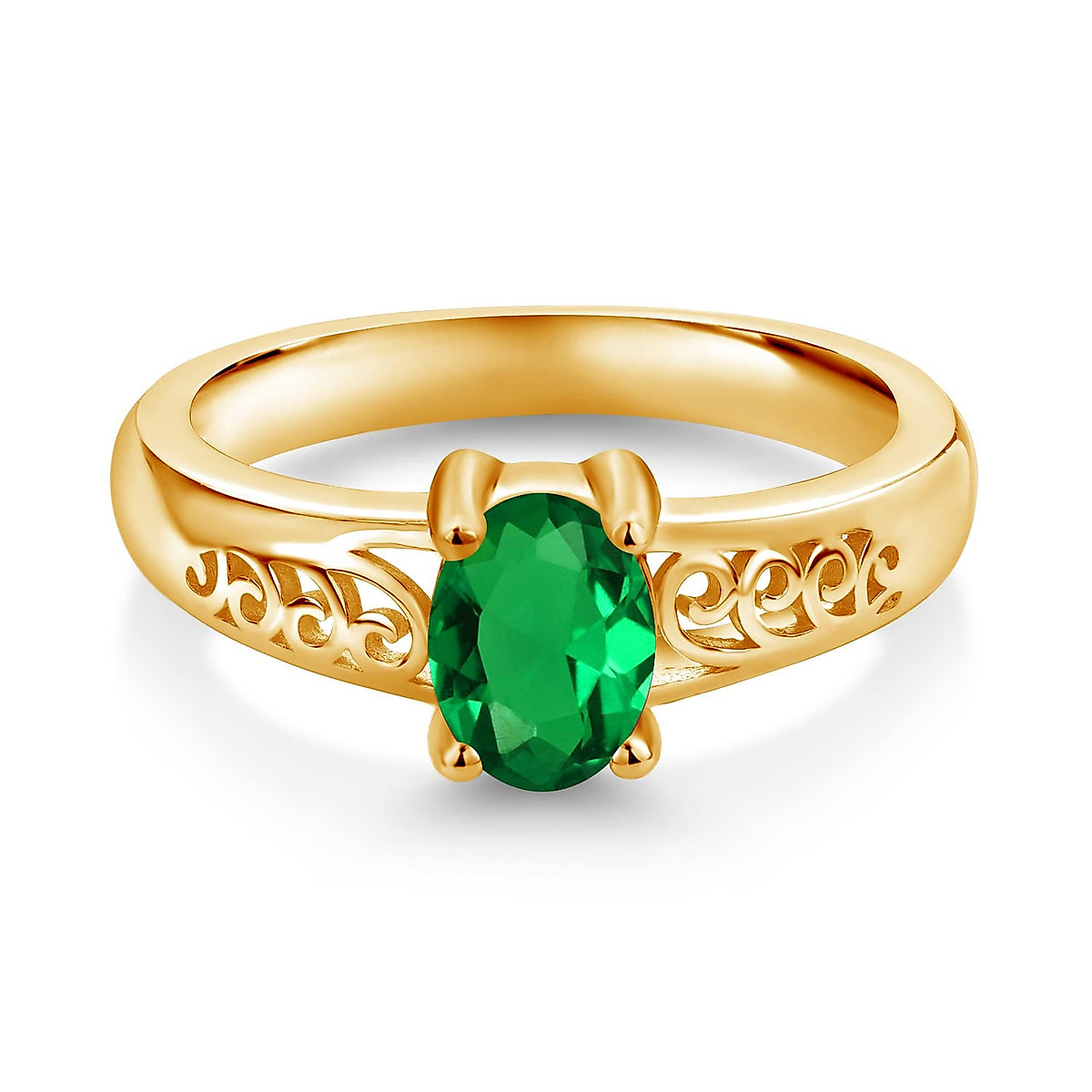 Gem Stone King 0.60 Ct Oval Green Simulated Emerald 18K Yellow Gold Plated Silver Baroque Style Ring (Size 7)