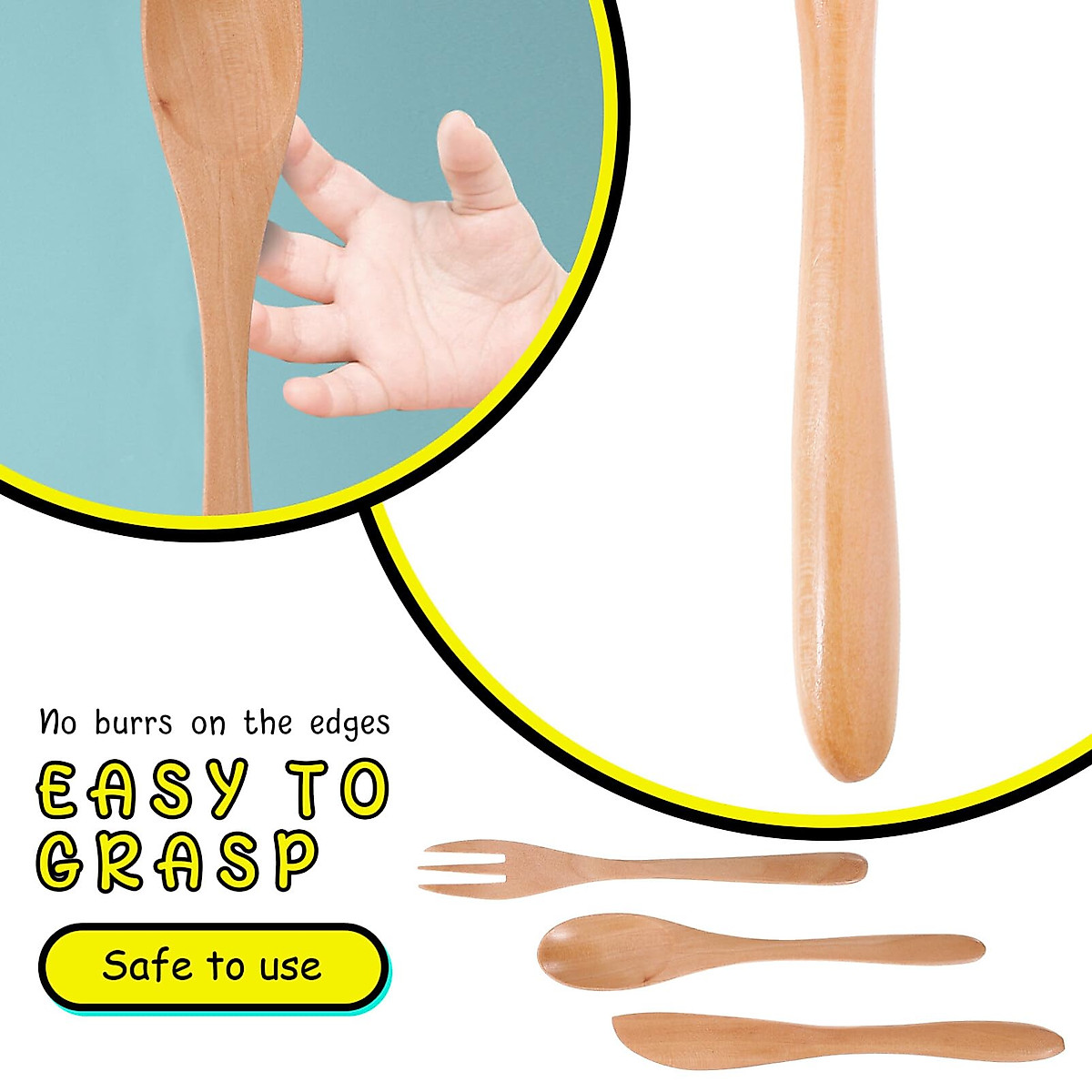 Kichvoe Wooden Cutlery Set Wood Kitchen Flatware Kids Tableware Reusable Dinnerware Spoon Fork Utensil for Home Preschool