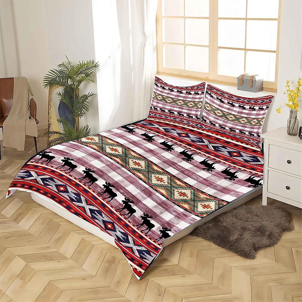 Rustic Deer Duvet Cover Set Queen, Country Lodge Cabin Red Buffalo Plaid Moose Animal Themed Bedding Set, Decorative 4 Piece Set With 2 Pillowcases 1 Sheet for Kids Adults Teens Bedroom Decor