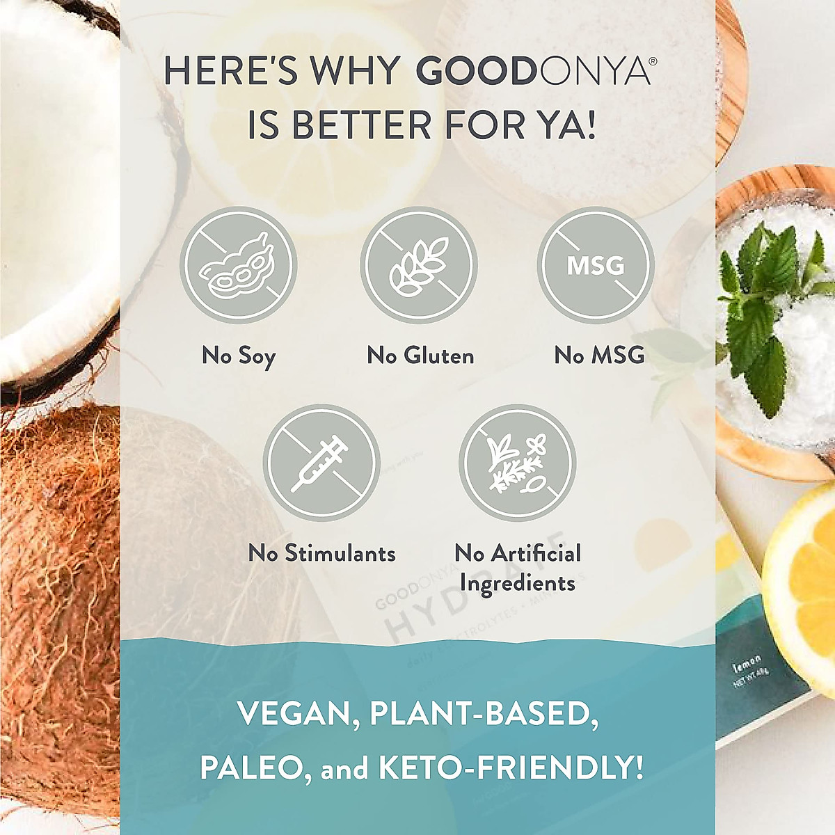 GOODONYA HYDRATE Electrolyte & Mineral Powder, 11.9oz, 42 Servings - Certified Organic, Real Lemon Juice, Himalayan Pink Salt, Stevia, Coconut Water, Paleo, Plant Based, No Sugar Added