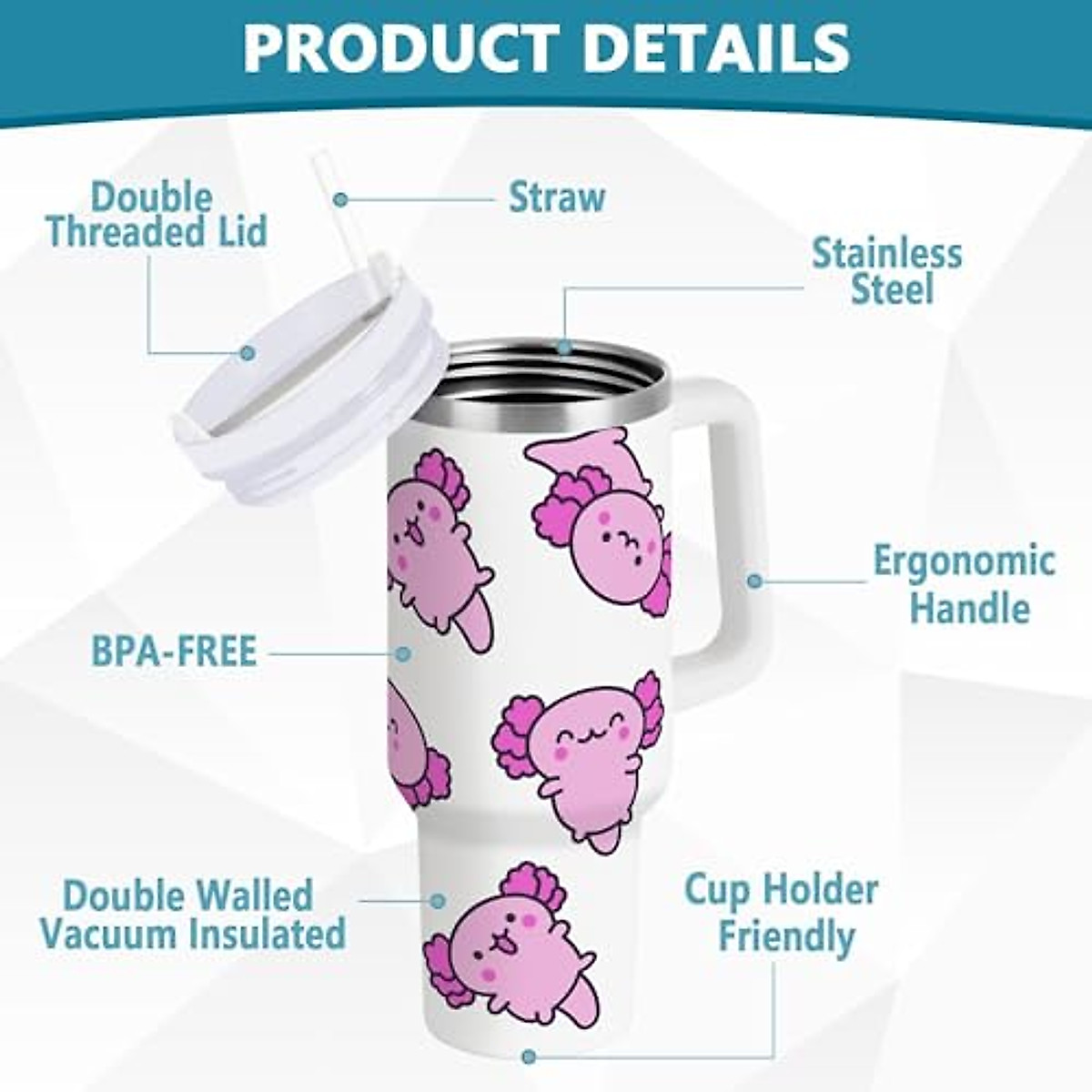 DIGTIA Stainless Steel Insulated Tumbler w/Handle & Straw, Axolotl Cute Double Wall Vacuum Travel Coffee Mug Cup w/Lid, Leak-Proof Sports Pink Water Bottle,30oz