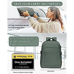 Travel Laptop Carry on Backpack for Women Men, Airline Flight Approved Waterproof 14 Inch Laptop Backpack, Casual Daypack College Personal item Bag Rucksack with USB Charging Port for Business, Green