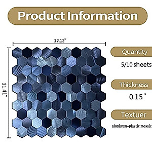 XUANINY 5-Metal Peel and Stick Backsplash Tiles, Aluminum Mosaic Sticker for Kitchen Wall Decor Hexagon Design Frosted 3D Wall Sticker(11.02"x11.5") (Dark Blue)