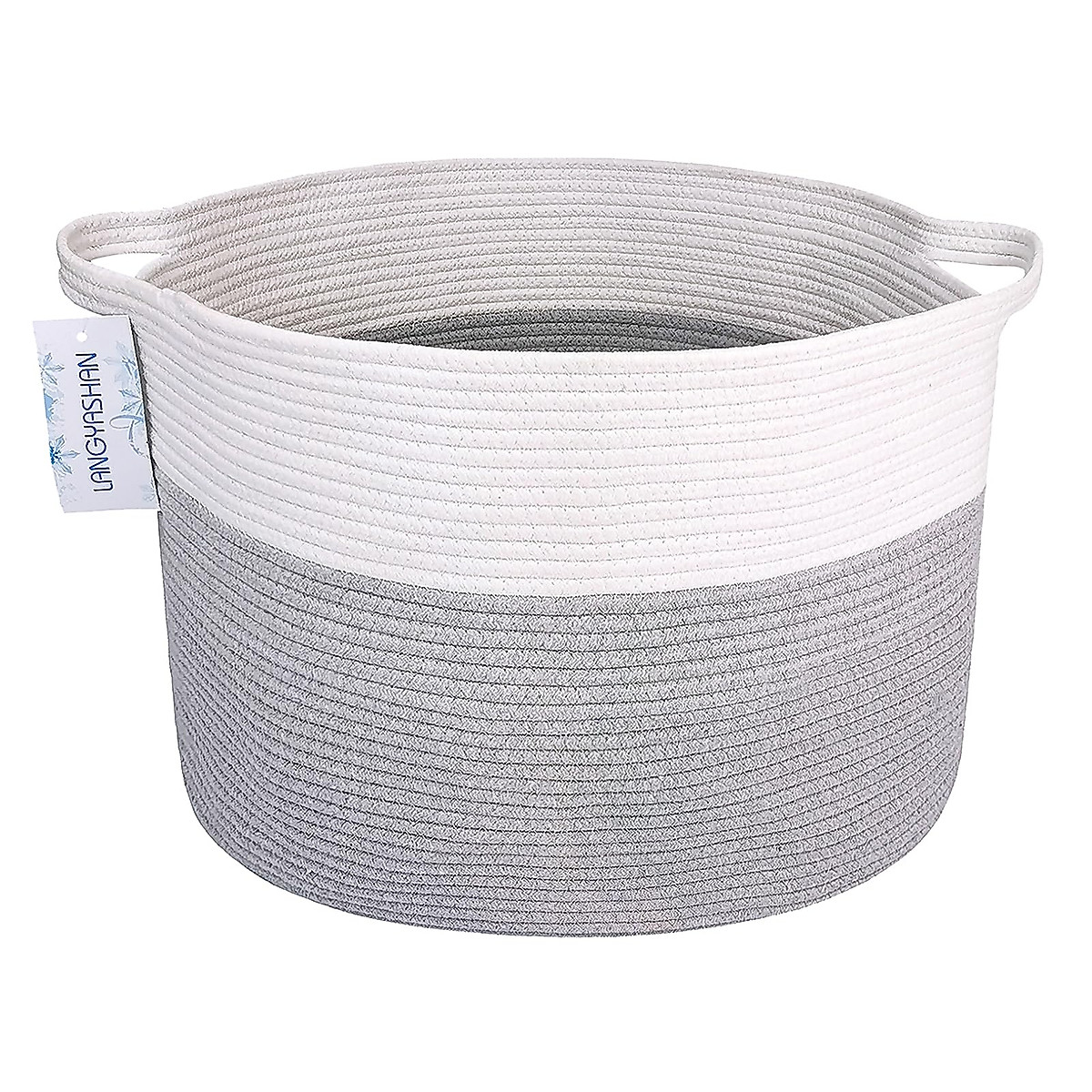 LANGYASHAN 21.65" x 13.78" XXXLarge Woven Rope Basket Decorative Blanket Basket for Living Room Toys Sofa Throws Storage Towels or Nursery Round Laundry Hamper Basket with Handles Laundry Basket(Gray)