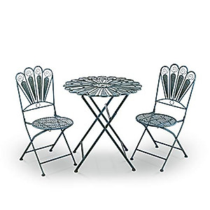 Alpine Corporation Indoor/Outdoor 3-Piece Peacock Feather Rustic Metal Bistro Set Patio Seating, Light Blue