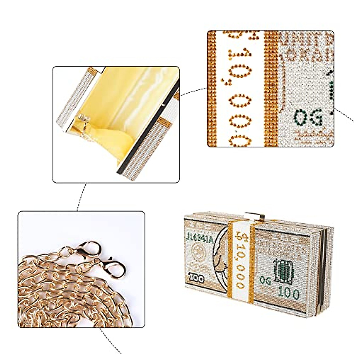 GripIt Crystal Money Bag Purse for Women Handbags Diamond Evening Purses and Clutches Wedding Glitter Money Clutch,Gold